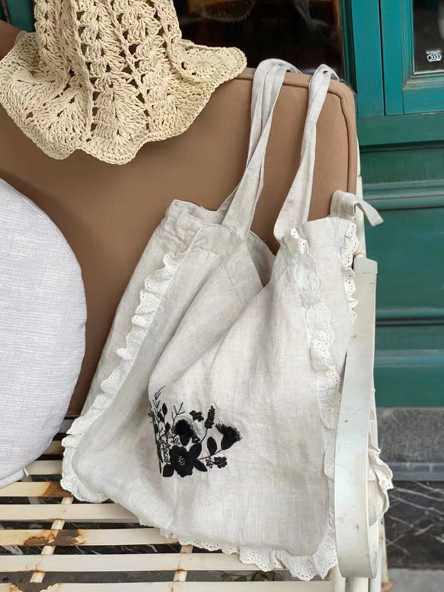 Ruffled Lace Embroidered Linen Bag– The Cottagecore
