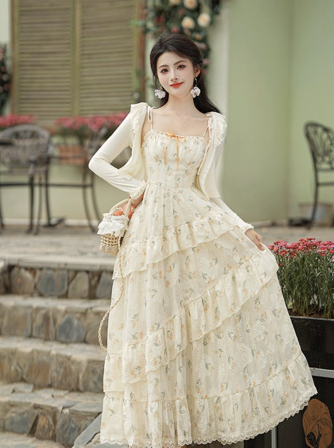 Romantic Lace Up Dress + Cardigan 2 pcs Set– The Cottagecore