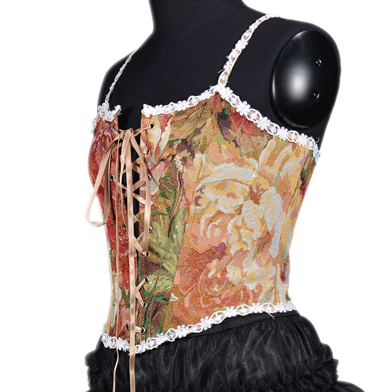 Retro Style Jacquard Boned Lace Up Vest– The Cottagecore