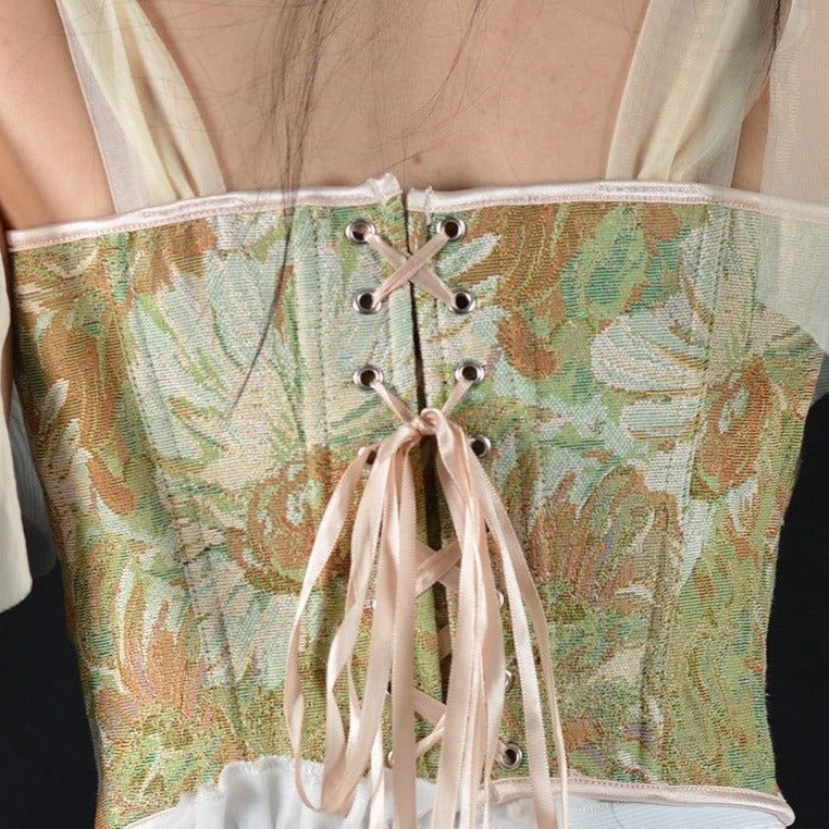 Tulle Strap Jacquard Boned Lace Up Vest– The Cottagecore