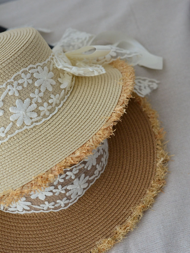 Lace Decor Straw Flat Sun Hat– The Cottagecore