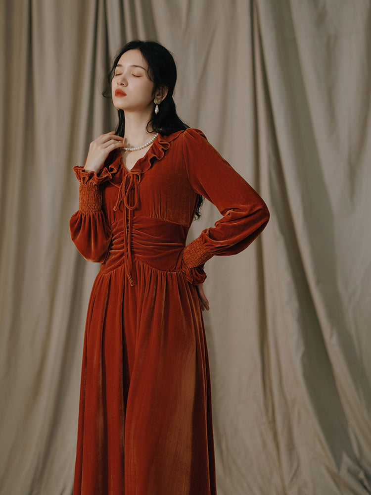 Classy Ruffled V Neck Red Velvet Dress– The Cottagecore