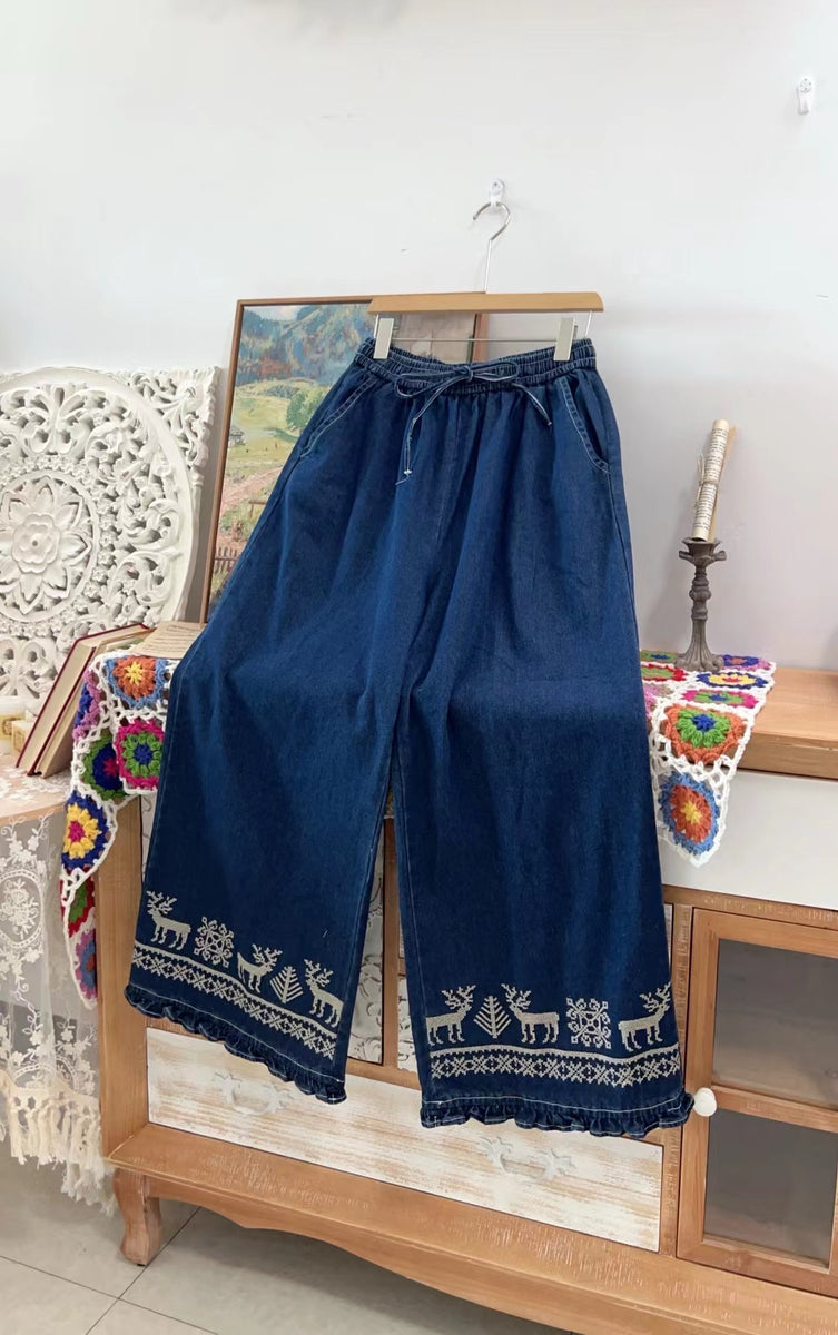 Deer Embroidered Wide Leg Jeans– The Cottagecore
