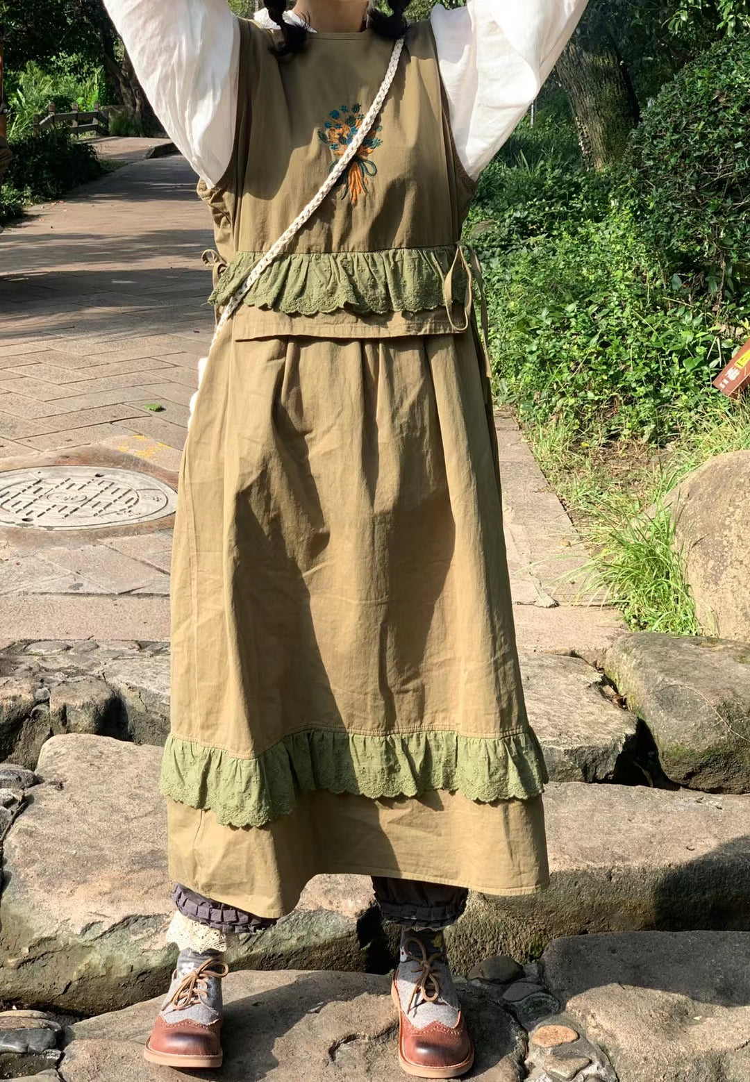 Lace Trim Drawstring Overall Dress– The Cottagecore