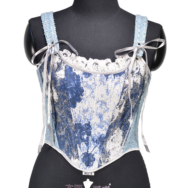Lace Trim Jacquard Lace Up Bustier– The Cottagecore