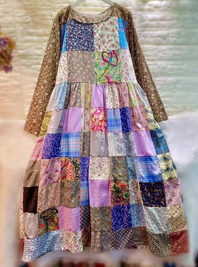 Long Sleeved Floral Print Patchwork Dress– The Cottagecore