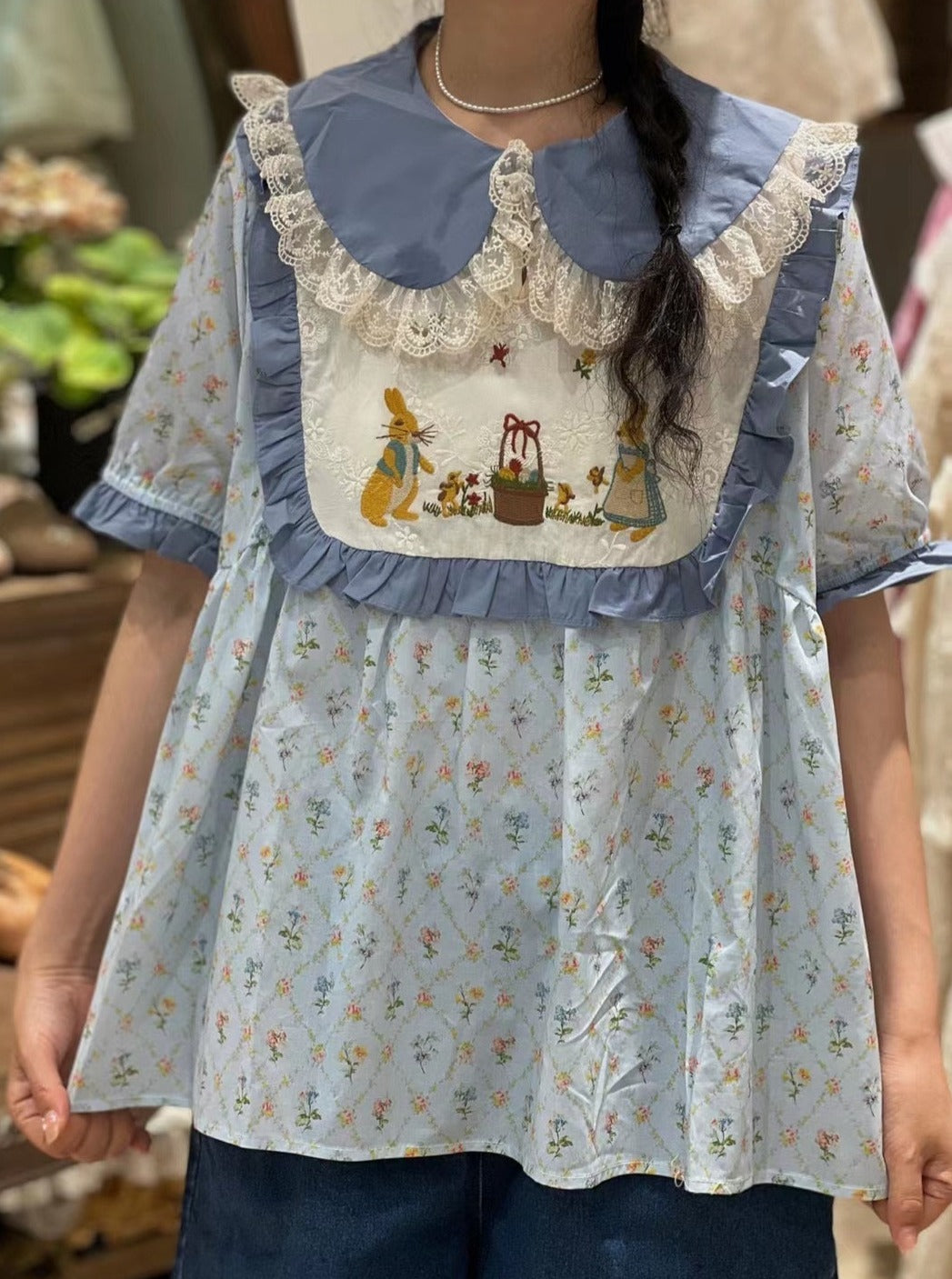 Super Cute Rabbit Embroidered Ruffled Top– The Cottagecore