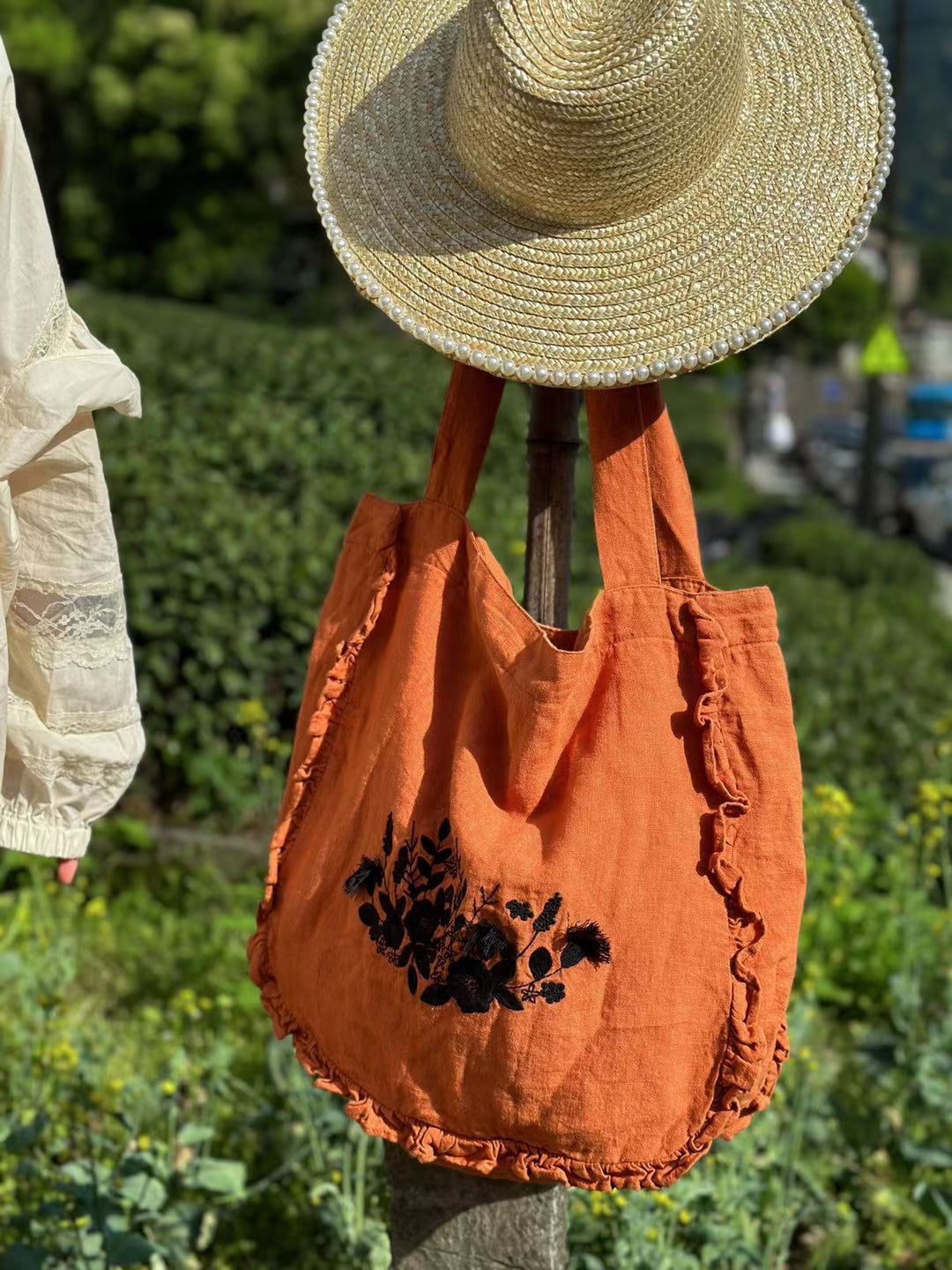 Ruffled Lace Embroidered Linen Bag– The Cottagecore