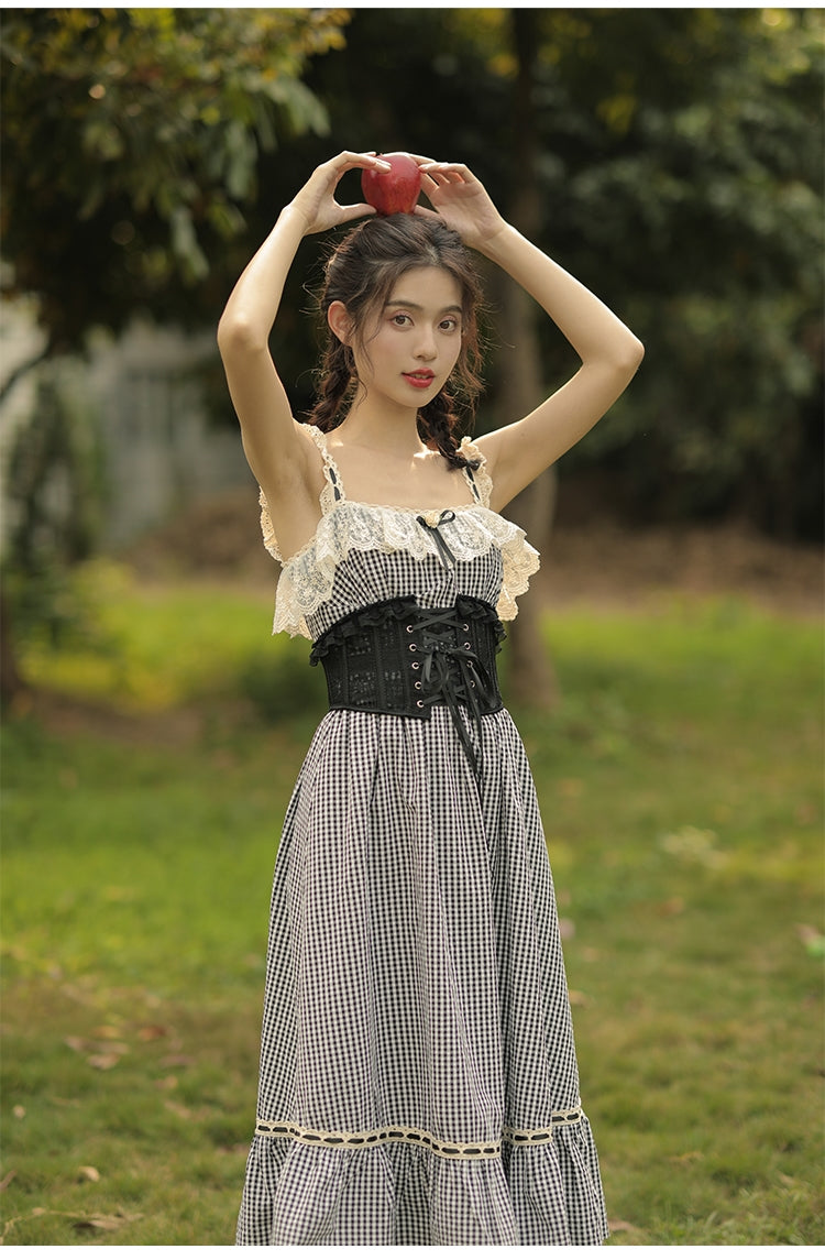 Black Lace Boned Corset + Lace Checkered Slip Dress– The Cottagecore