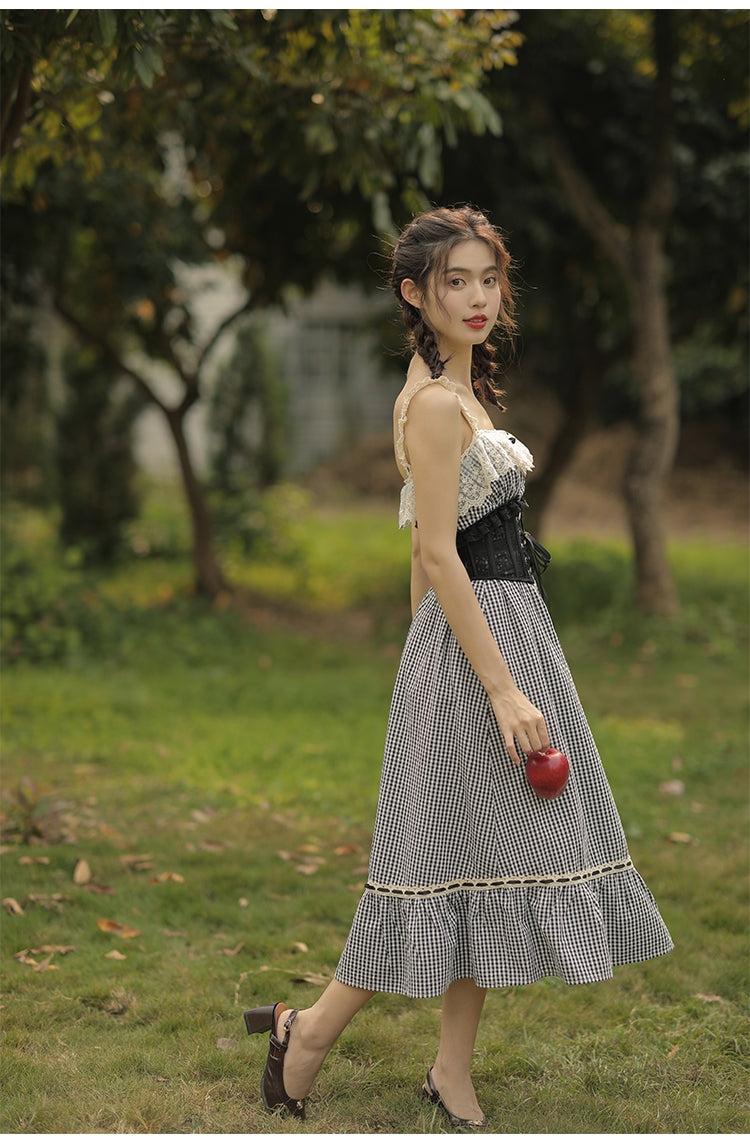 Black Lace Boned Corset + Lace Checkered Slip Dress– The Cottagecore