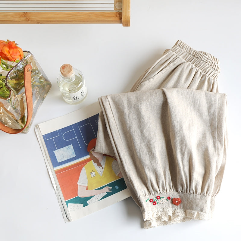 Linen Floral Embroidered Hem Bloomers– The Cottagecore