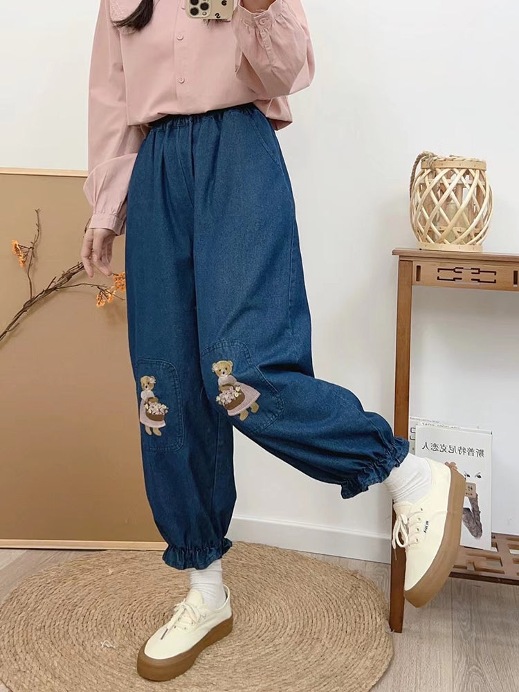 Cute Embroidered Bear Denim Bloomers– The Cottagecore