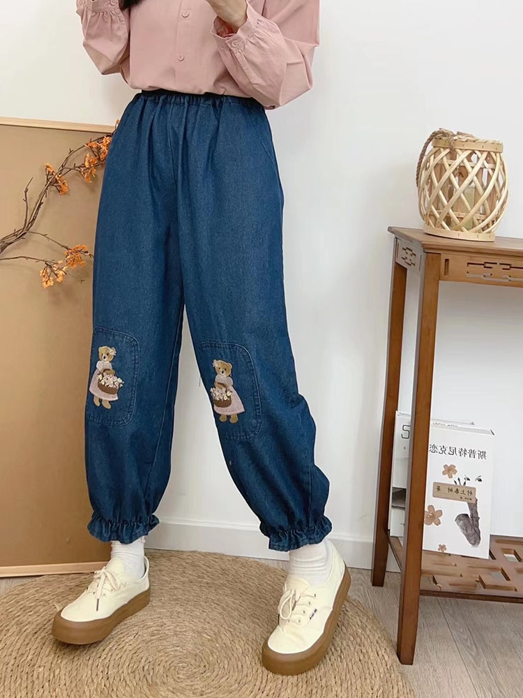 Cute Embroidered Bear Denim Bloomers– The Cottagecore