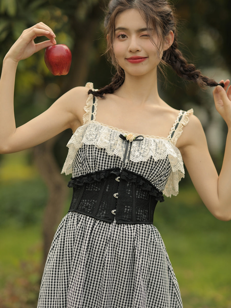 Black Lace Boned Corset + Lace Checkered Slip Dress– The Cottagecore