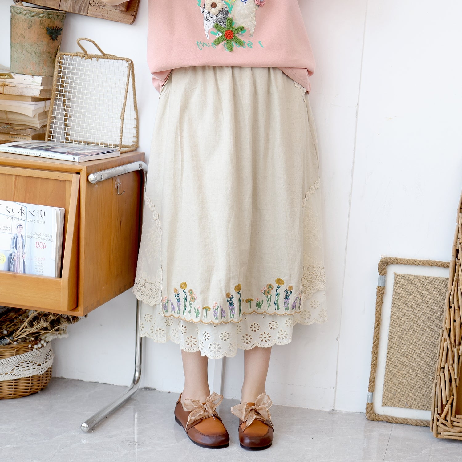 Embroidered Flowers Hem Double Layered Linen Skirt– The Cottagecore