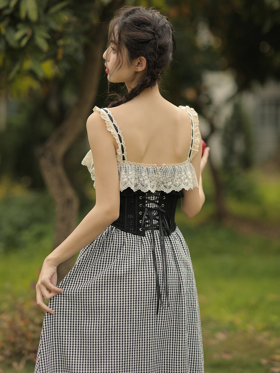 Black Lace Boned Corset + Lace Checkered Slip Dress– The Cottagecore