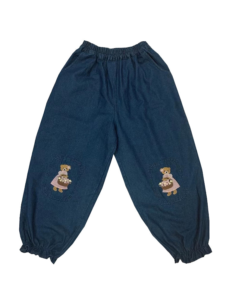 Cute Embroidered Bear Denim Bloomers– The Cottagecore