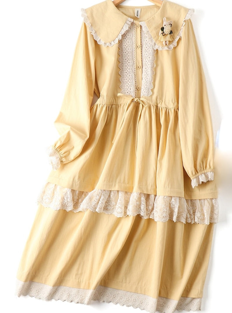 Cotton Lace Trim Drawstring Dress With Brooch– The Cottagecore