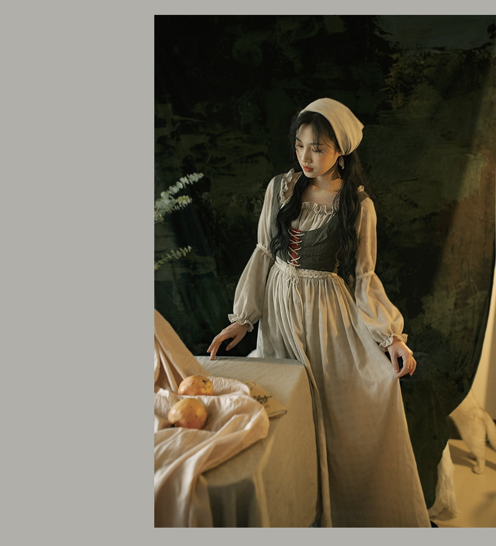 Mid Century Lace Up Corset + Frilled Dress 2pcs Set (Babushka Included ...