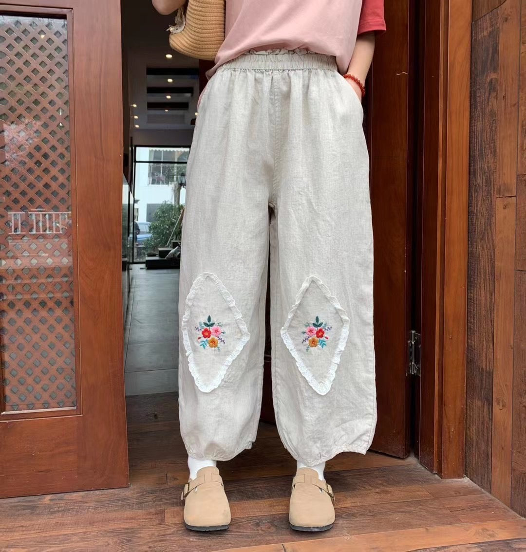 Embroidered Knee Pad Linen Crop Pants– The Cottagecore