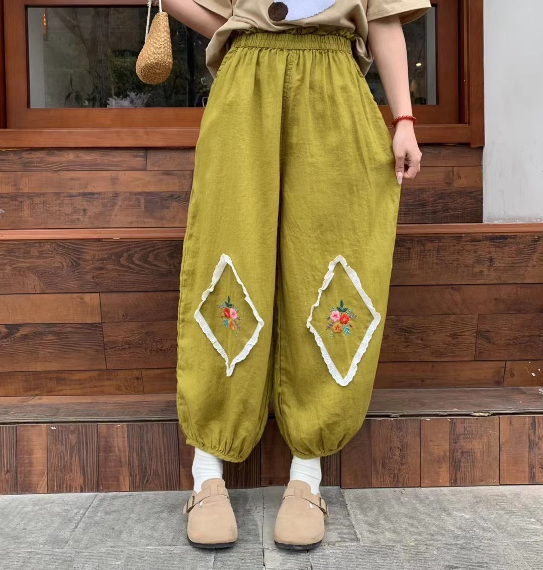 Embroidered Knee Pad Linen Crop Pants– The Cottagecore