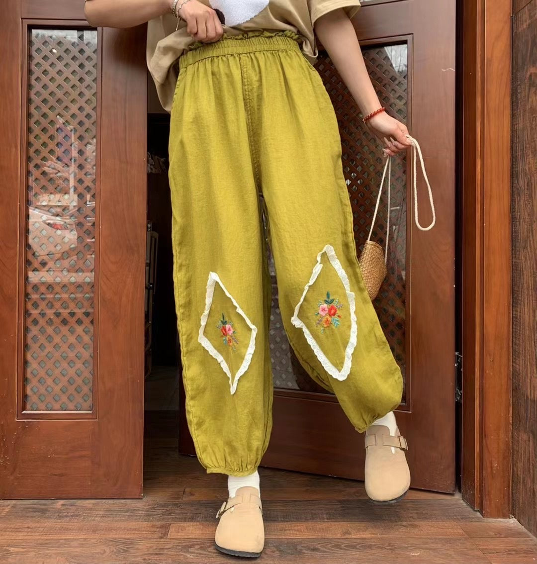 Embroidered Knee Pad Linen Crop Pants– The Cottagecore