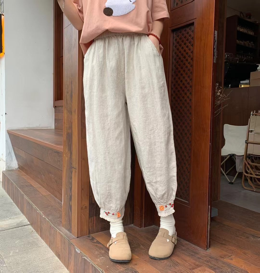 Floral Embroidered Hem Linen Crop Pants– The Cottagecore