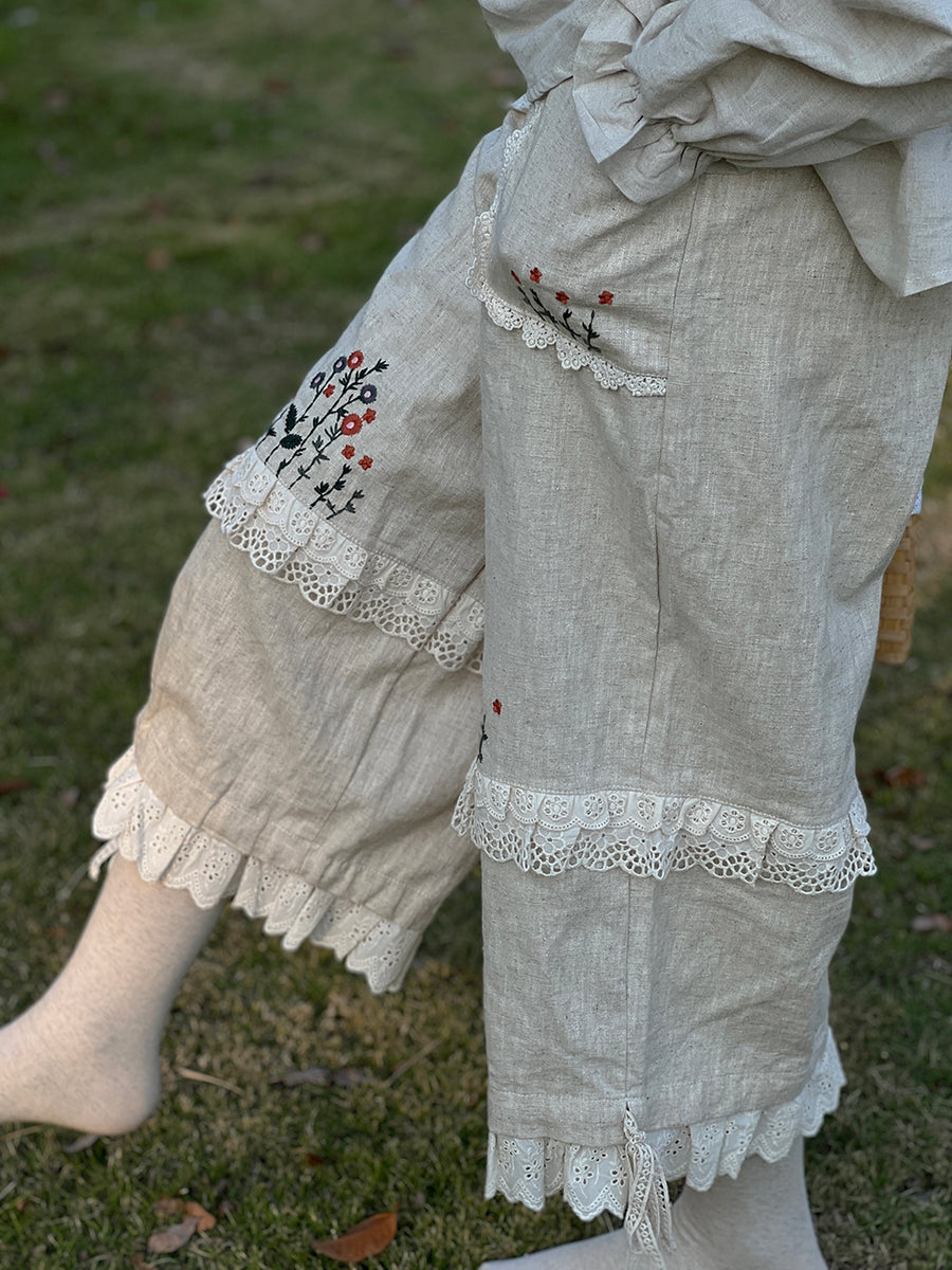 Forestcore Linen Floral Embroidered Pants– The Cottagecore