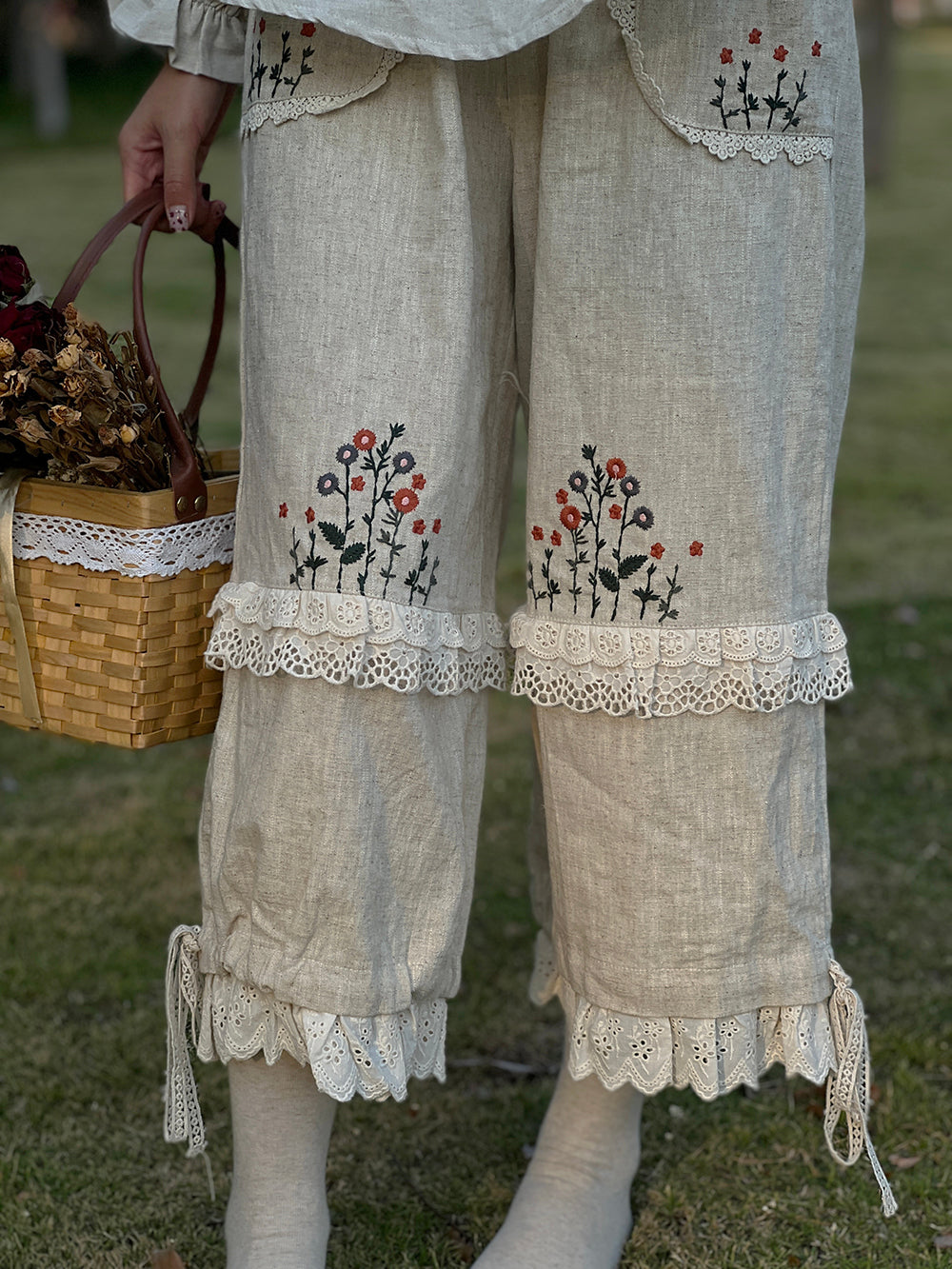 Forestcore Linen Floral Embroidered Pants– The Cottagecore