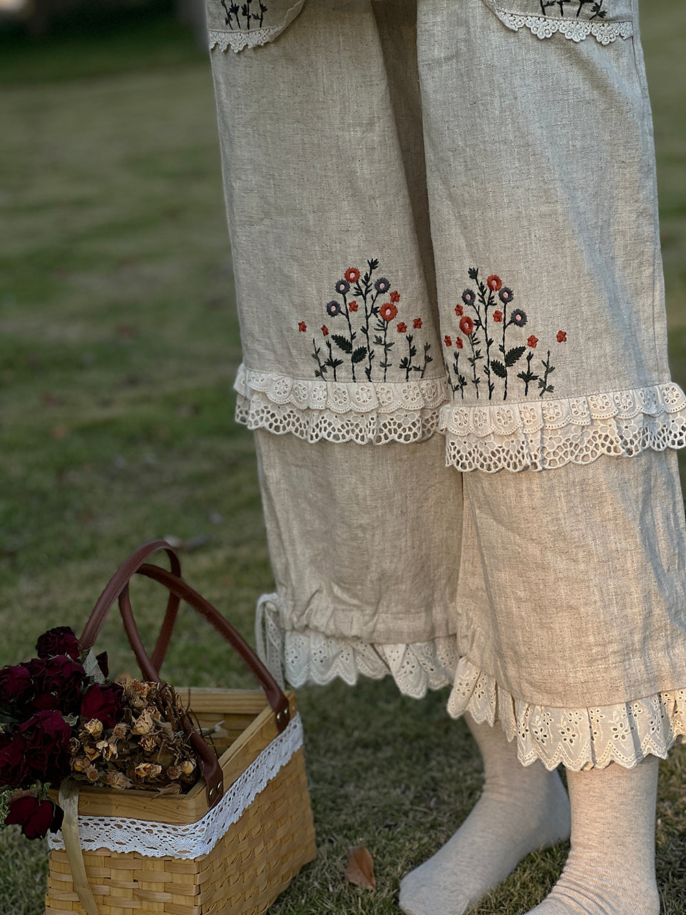 Forestcore Linen Floral Embroidered Pants– The Cottagecore