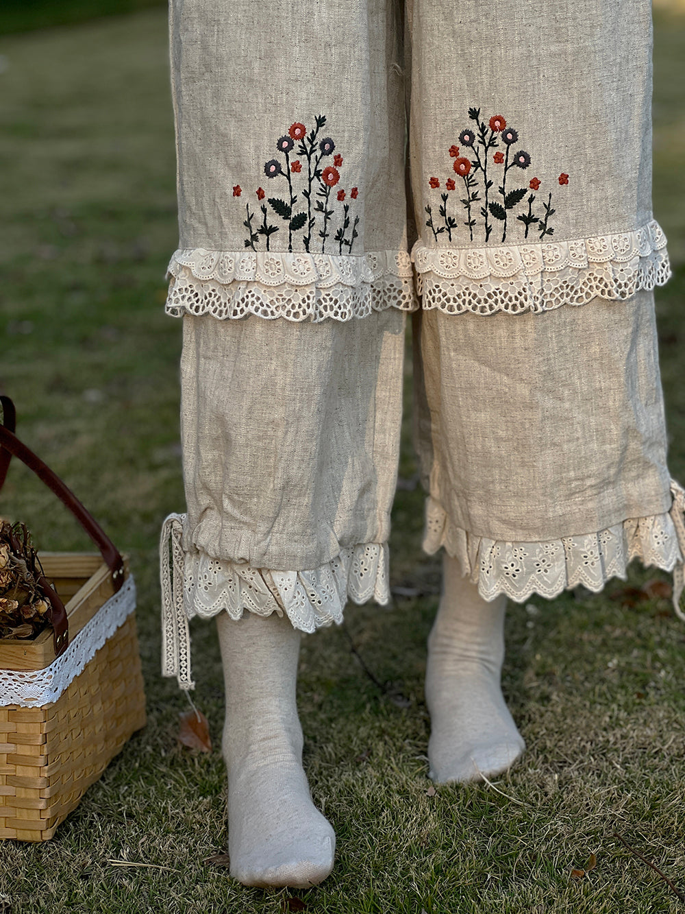 Forestcore Linen Floral Embroidered Pants– The Cottagecore