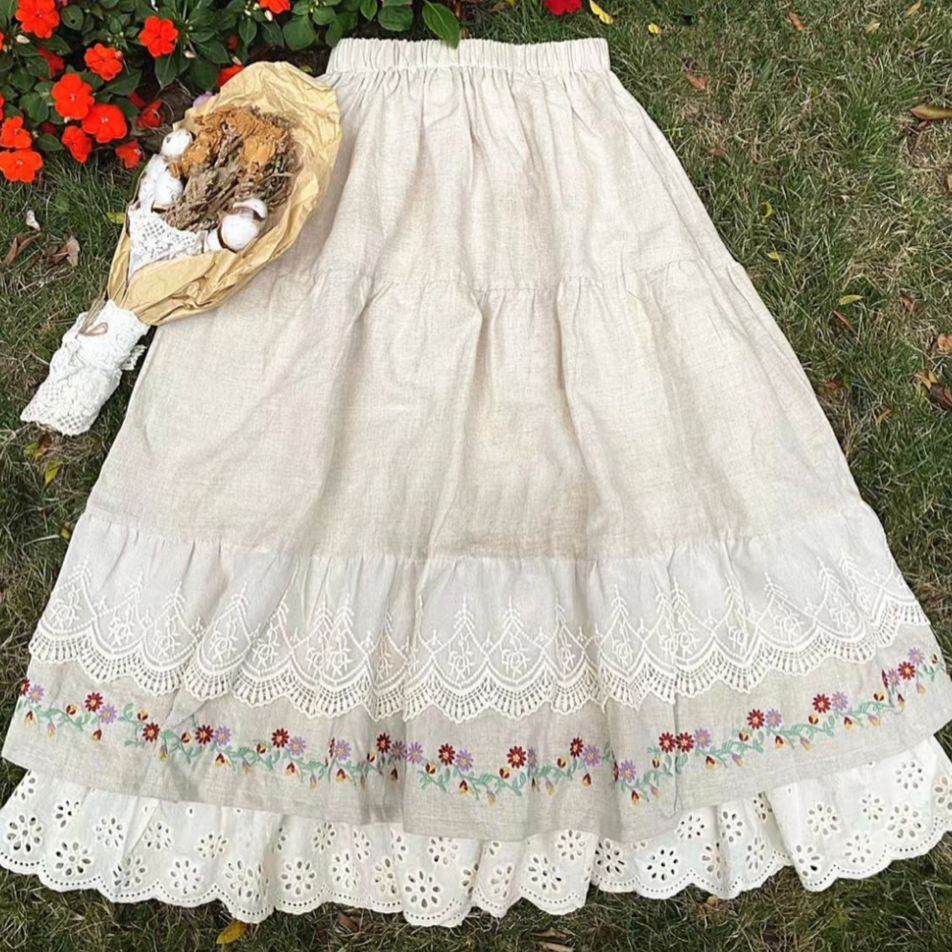 Linen Double Layered Embroidered Skirt– The Cottagecore
